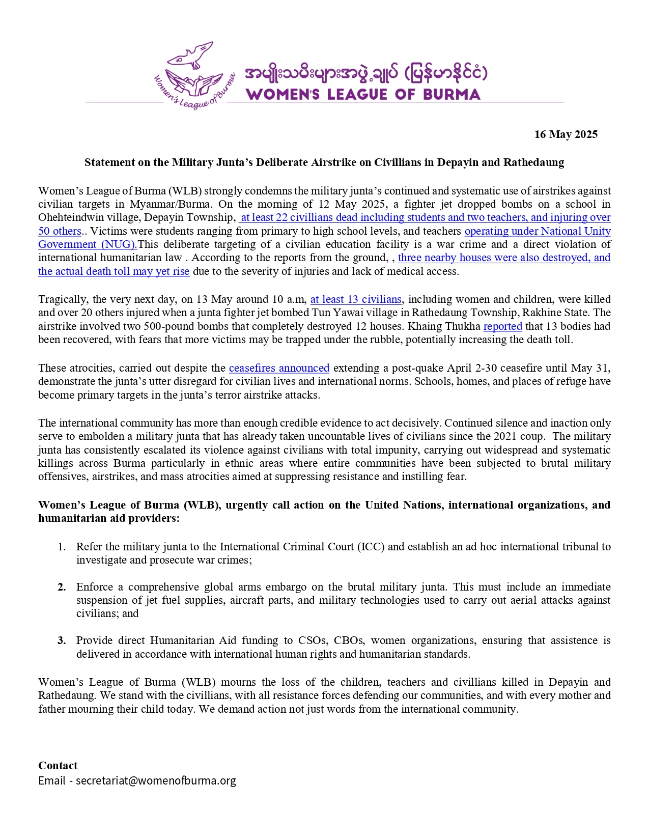 Statement on the Military Junta’s Deliberate Airstrike on Civillians in Depayin and Rathedaung ...